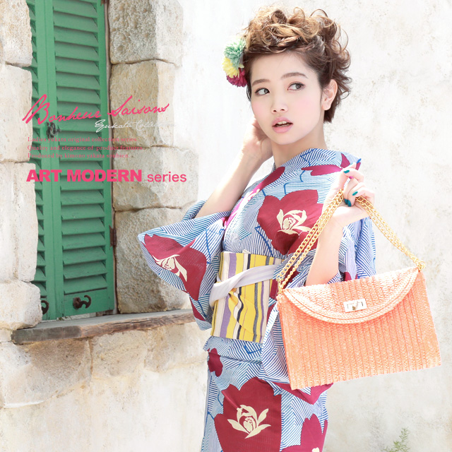 浴衣セット レディース レトロ 浴衣セット 大人 3点セット 青 ブルー 赤 黄色 花 縞 ストライプ 綿 半幅帯 女性 ボヌールセゾン