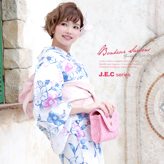 浴衣セット レディース レトロ 浴衣セット 大人 3点セット 白系 ホワイト 青 ピンク 椿 つばき 花 ラメ 綿 兵児帯 女性 ボヌールセゾン