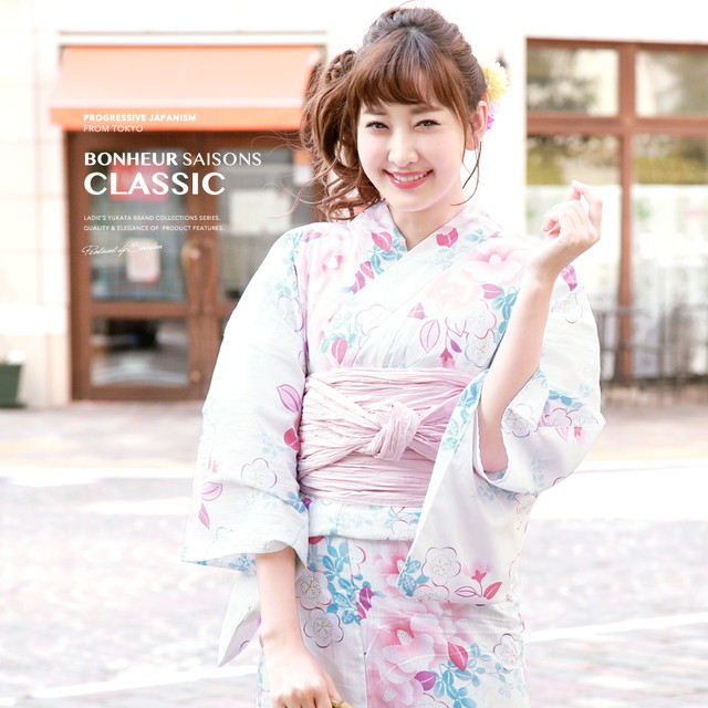 浴衣セット レディース レトロ 浴衣セット 大人 3点セット 白系 ホワイト ピンク 椿 つばき 梅 花 綿麻 兵児帯 女性 ボヌールセゾン