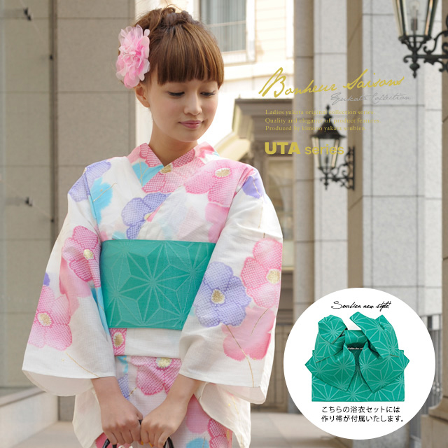 浴衣セット レディース レトロ 作り帯 浴衣セット 大人 3点セット 白 ホワイト ピンク 緑 花 鹿の子 綿 女性 ボヌールセゾン S フリー