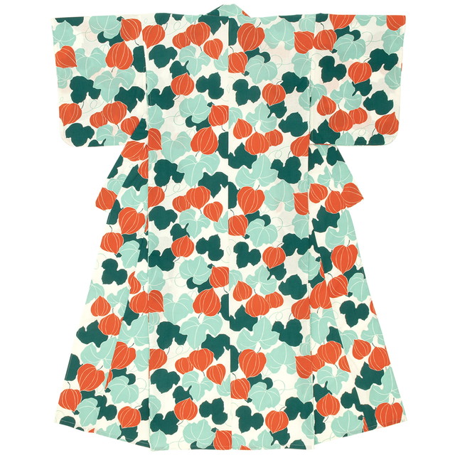 浴衣 レディース ホワイト グリーン 緑 白 オレンジ 橙色 鬼灯 鬼燈 酸漿 ほおずき 植物 綿 夏祭り 花火大会 女性用 仕立て上がり【Sサイズ】【フリーサイズ】【送料無料】