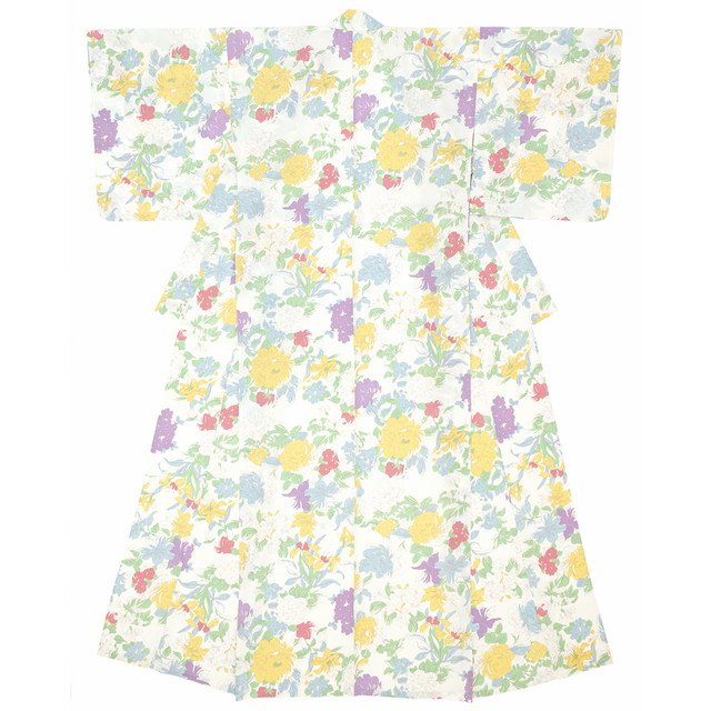 浴衣 レディース ホワイト 白 黄色 イエロー カラフル 牡丹 百合 花 フラワー モダン 変わり織り 夏祭り 花火大会 女性用 仕立て上がり 【Sサイズ】【フリーサイズ】【送料無料】