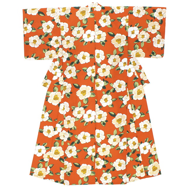 浴衣 レディース オレンジ 橙 ホワイト 白 椿 ツバキ 花 フラワー モダン 変わり織り 夏祭り 花火大会 女性用 仕立て上がり 【Sサイズ】【フリーサイズ】【送料無料】