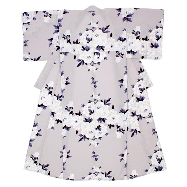 浴衣 レディース グレー 灰色系 ホワイト 白 牡丹 花 フラワー モダン 変わり織り 夏祭り 花火大会 女性用 仕立て上がり 【Sサイズ】【フリーサイズ】【送料無料】