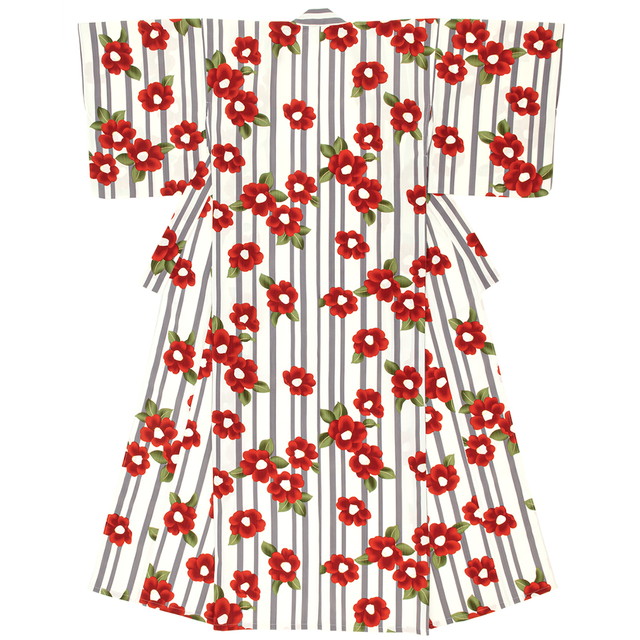 浴衣 レディース 白系 ホワイト 赤 灰色 椿 花 縞 ストライプ モダン 変わり織り 夏祭り 花火大会 女性用 仕立て上がり 【Sサイズ】【フリーサイズ】【送料無料】