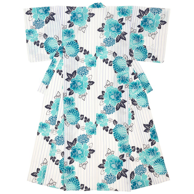 浴衣 レディース ホワイト 白 ブルー 水色 牡丹 ボタン 菊 キク 花 フラワー 縞 綿  夏祭り 花火大会 女性用 仕立て上がり【フリーサイズ】【送料無料】