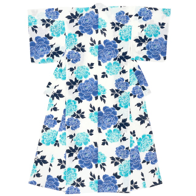 浴衣 レディース ホワイト 白 ブルー 青 水色 牡丹 ボタン 花 フラワー 綿  夏祭り 花火大会 女性用 仕立て上がり 【フリーサイズ】【送料無料】