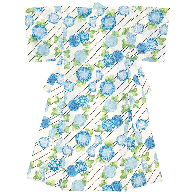 浴衣 レディース ホワイト 白 ブルー 青 グリーン 緑 菊 キク 花 フラワー ストライプ 綿 夏祭り 花火大会 女性用 仕立て上がり 【フリーサイズ】【送料無料】