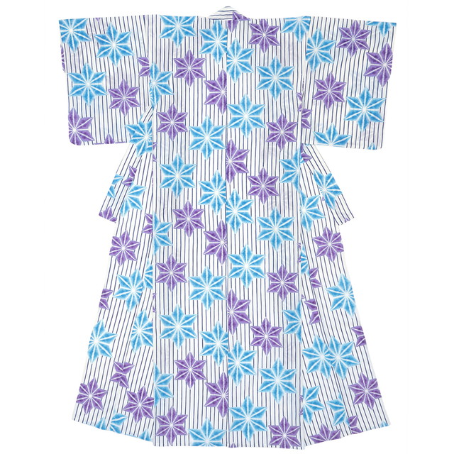 浴衣 レディース ホワイト 白 ブルー 青 パープル 紫 麻の葉 縞 ストライプ 綿 夏祭り 花火大会 女性用 仕立て上がり【フリーサイズ】【送料無料】