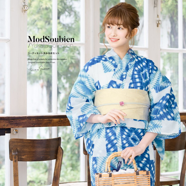 浴衣セット レディース レトロ 浴衣セット 大人 3点セット ブルー 青系 ホワイト 白 絞り染め調 変わり市松 レトロモダン 綿 絽 変わり織り 夏祭り 花火大会 女性用 フリーサイズ