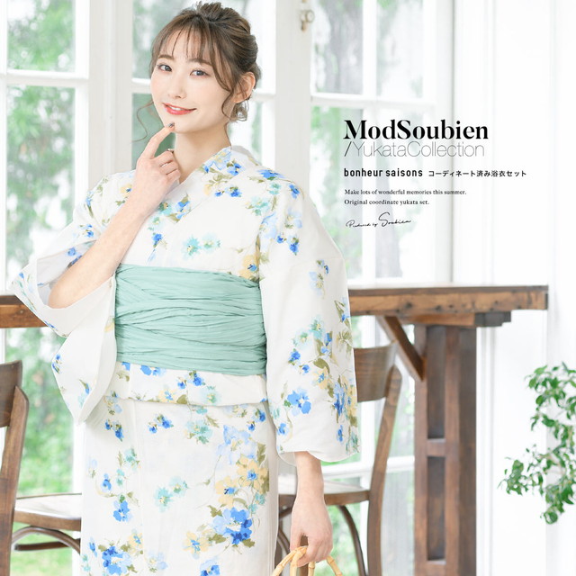 浴衣セット レディース レトロ 浴衣セット 大人 3点セット 白系 オフホワイト 青 ミントグリーン 花 綿 変わり織 ボヌールセゾン 夏 女性用 フリー
