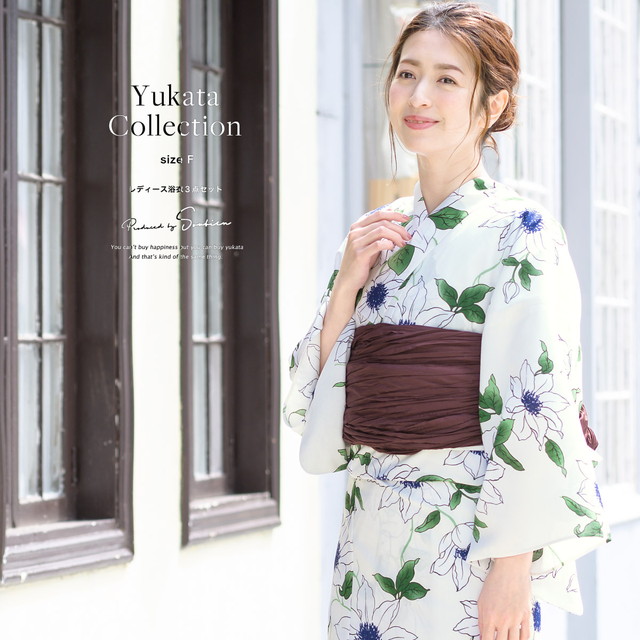 即納【レディース浴衣3点セット】浴衣セット/レディース/ホワイト/白/クレマチス/花/変わり織り/30代/40代/女性/S・フリー/大人/送料無料/2020夏新作