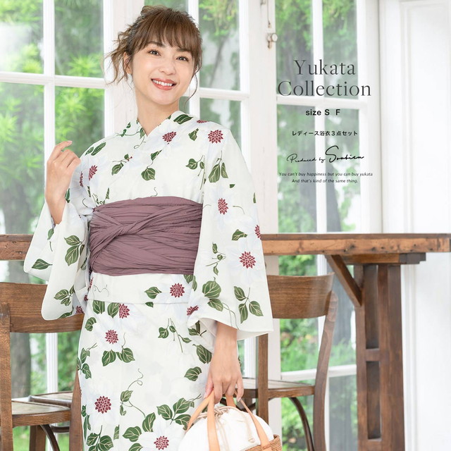 即納【レディース浴衣3点セット】白/緑/クレマチス/変わり織り/30代/40代/女性/大人/S・フリー/送料無料