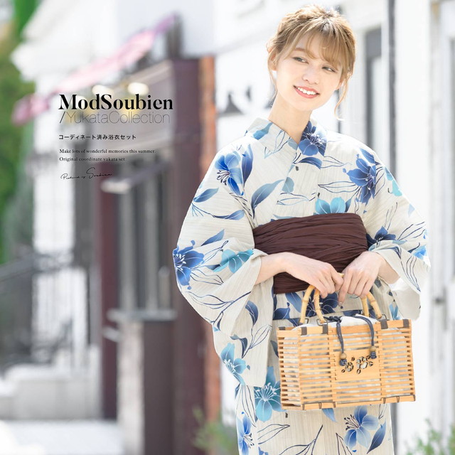 浴衣セット レディース レトロ 浴衣セット 大人 3点セット 白 ホワイト 青 ブルー 百合 花 フラワー 吸水速乾 CoolPass 夏祭り 花火大会 女性用 S・フリー