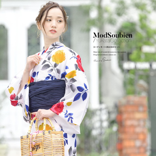 浴衣セット レディース レトロ 浴衣セット 大人 3点セット ホワイト 白 カラフル 薔薇 バラ 花 フラワー モダン 変わり織り 夏祭り 花火大会 女性用 S・フリー