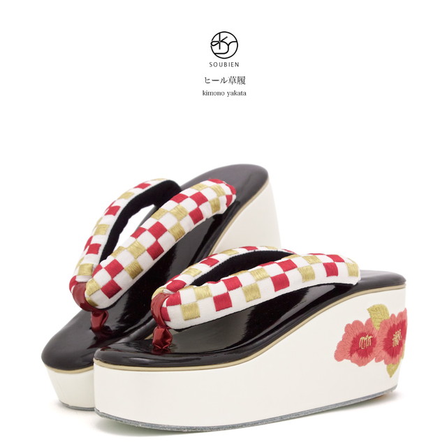 成人式 草履 レディース 振袖 黒 ブラック 白 ホワイト 市松 椿 花 刺繍 ヒール草履 ぞうり ゾウリ 女性用 【フリーサイズ】