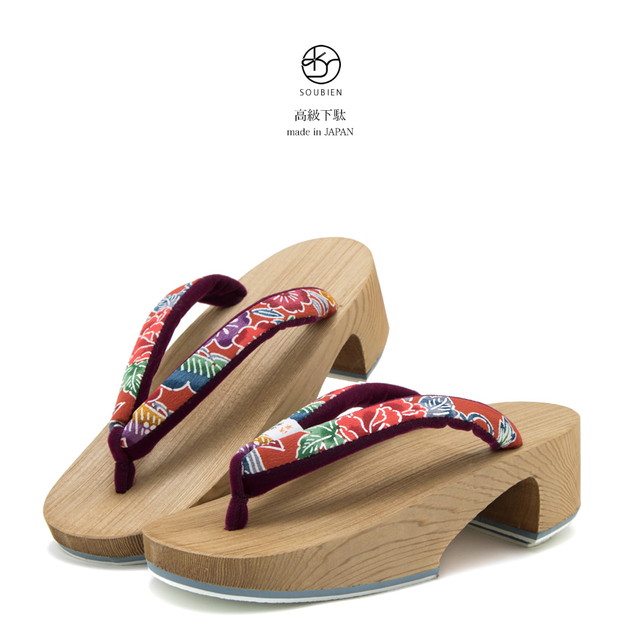 下駄 レディース 薄茶色 ベージュ 赤 牡丹 花 正絹 木曽ねずこ 黒檜 右近型 浴衣向け 夏向け 女性用 夏祭り 花火大会 日本製 【Mサイズ】【Lサイズ】