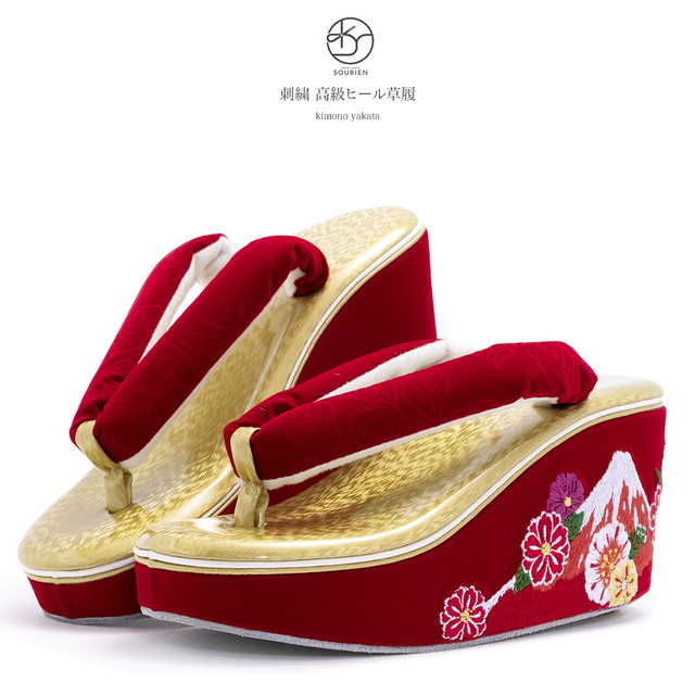 成人式 草履 レディース 厚底 振袖 ヒール 盛装 ゴールド 金色 レッド 赤 桜 サクラ 葉 リーフ 富士山 刺繍 別珍 ゾウリ 女性用 フリーサイズ