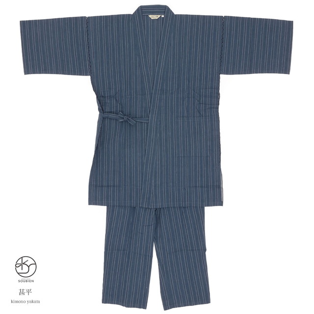 甚平 メンズ おしゃれ 父の日 紺 ネイビー 青 白 縞 ストライプ 綿 しじら織り 手タコ糸仕立て 夏祭り 花火大会 男性用 カジュアル M L LL