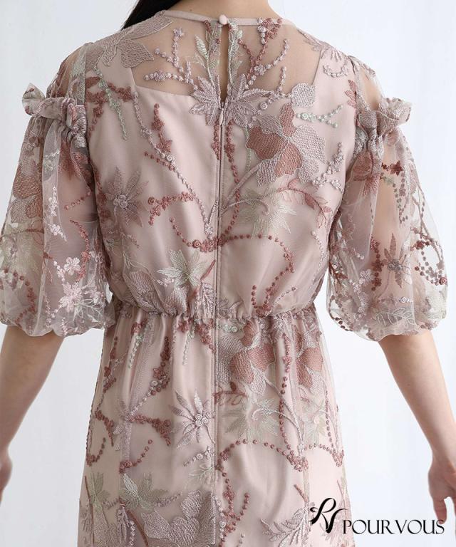 397251420 刺繍レース パフスリーブ ワンピース パーティードレス 体型