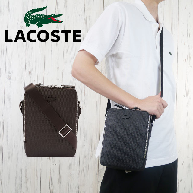 送料無料 メンズ レディース ショルダーバッグ 人気 流行 定番 LACOSTE NH3271C ラコステ 鹿の子地エンボス ショルダーポーチ 斜め掛け バック レザー 革 黒 茶色