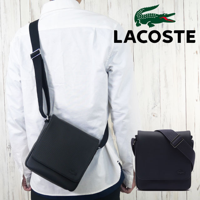 送料無料 ショルダーバッグ メンズ レディース 人気 流行 定番 2023 LACOSTE NH4423HC ラコステ クラシック スリムフラップサッチェルバッグ 斜め掛け 大人 スクエア型 ロゴ ワンポイント シンプル ワニ 鰐 ブラック ネイビー 鹿の子