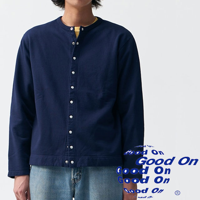 送料無料 長袖 メンズ レディース FW 秋冬 新作 秋新作 冬新作 人気 流行 定番 2023 Good On GOBW1711 グッドオン カーディガン クルースウェット カーデガン クルーネック トップス スナップボタン 羽織り 前開き 裏起毛 綿100％ ウェア アパレル 服 日本製 紺