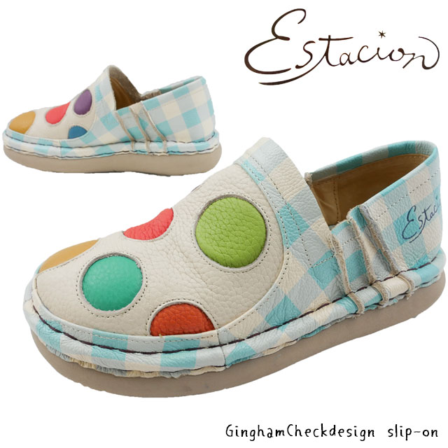 送料無料 レディース スリッポン エスタシオン Estacion TG247-CK 本革 レザー ドット 水玉 歩きやすい 疲れない ギンガムチェック