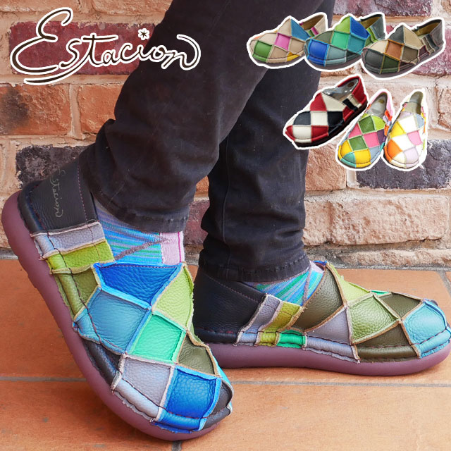送料無料 レディース スリッポン エスタシオン Estacion TG025 本革 レザー 厚底 歩きやすい 疲れない チェック柄 格子柄 カラフル ネイビー ブラウン オーク レッド 黒 ブラック マルチ アイボリー