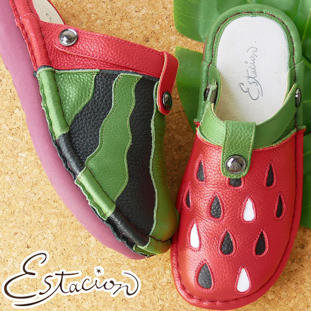 送料無料 レディース 2021 夏 新作 夏新作 サマー SS コンフォートサンダル 人気 流行 定番 Estacion 2WAY TG330A クロッグサンダル カジュアルシューズ サボサンダル すいかモチーフ 本革 靴 グリーン/レッド