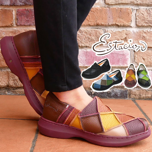 送料無料 レディース 2021 秋冬 新作 秋新作 夏新作 FW スリッポン 人気 流行 定番 Estacion MLE2321 本革 レザー ミセス カジュアルシューズ コンフォートシューズ パッチワーク 空気循環ソール ブラウン/マルチ カーキ/マルチ ブラック 黒