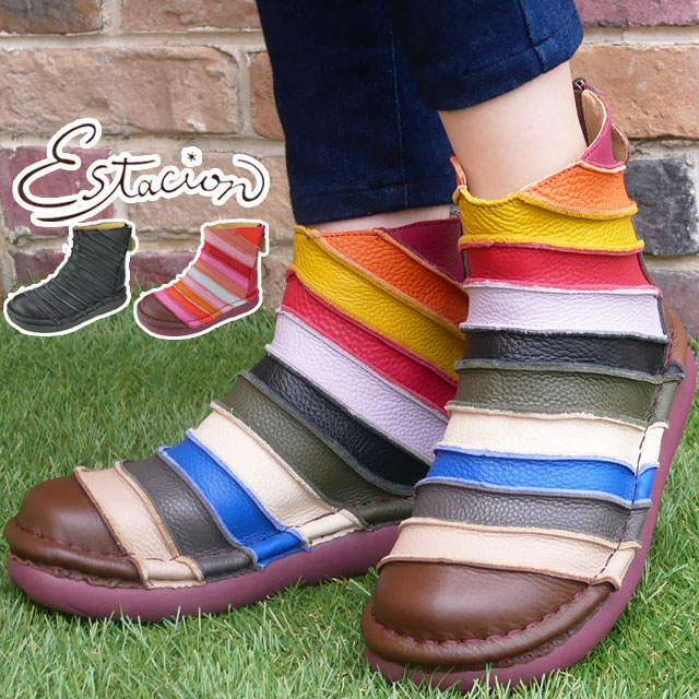 送料無料 レディース 2021 秋冬 新作 秋新作 冬新作 FW ショートブーツ ブーツ 人気 流行 定番 Estacion TGE050L ショート丈 本革 レザーブーツ ボーダー しましま カジュアルシューズ コンフォートシューズ 靴 グリーン/マルチ ブラック 黒 ワイン/マルチ