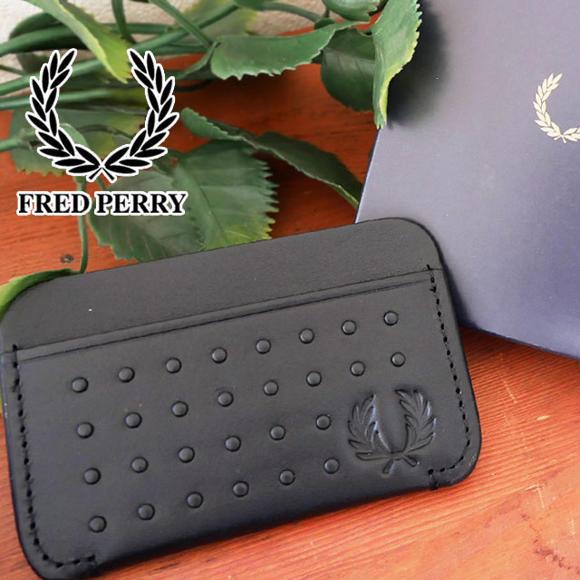 送料無料 メンズ レディース カードケース 人気 流行 定番 FRED PERRY L2308 カードホルダー 本革 レザーカードホルダー コンンパクト シンプル スリム カード入れ スタッズ ドット 黒 月桂樹