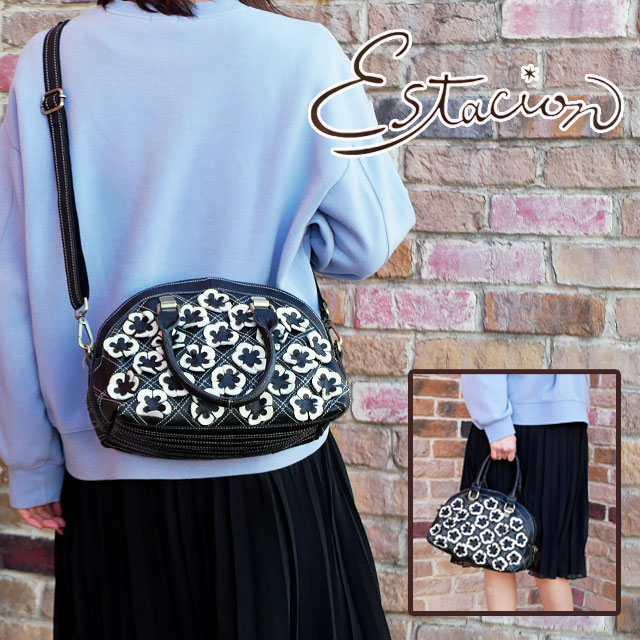 送料無料 レディース SS 春夏 新作 2022 冬新作 ショルダーバッグ ハンドバッグ 人気 流行 定番 Estacion 782 2way ショルダー 本革 手持ち 斜め掛け 肩掛け 花 パッチワーク 黒 白黒 シンプル エスニック ハンドメイド 手作り