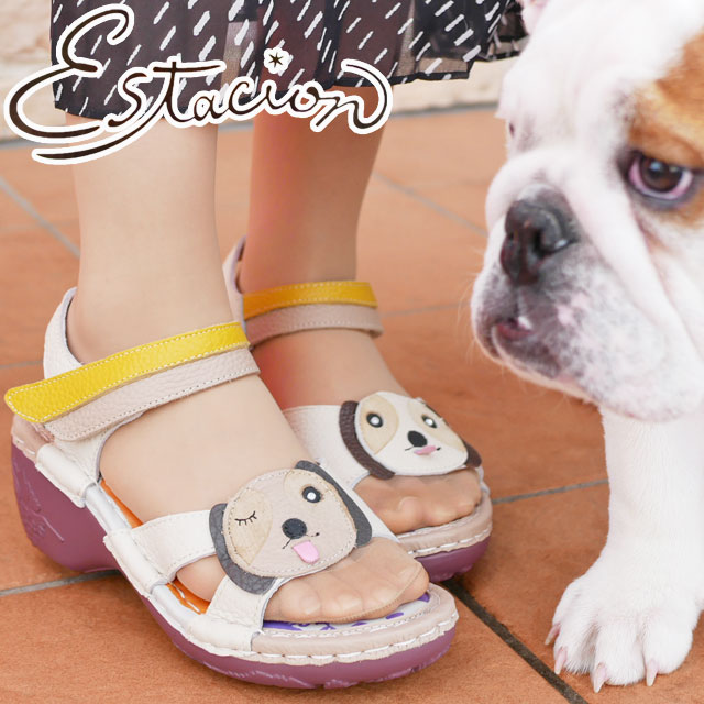 送料無料 レディース SS 春夏 新作 2022 春新作 夏新作 ウェッジソール ストラップサンダル 人気 流行 定番 Estacion K090-1 厚底サンダル 犬モチーフ ワンコ ワンちゃん レザーサンダル ベルクロ カジュアルシューズ 本革 靴 アイボリー