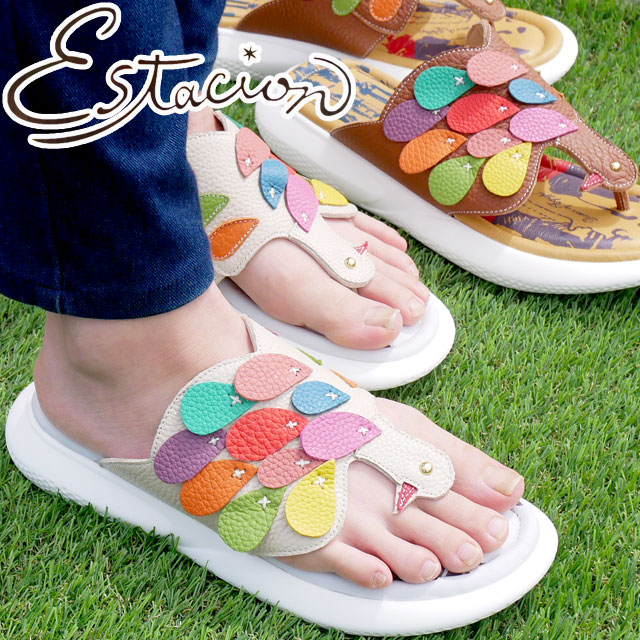 送料無料 レディース SS 春夏 新作 2022 春新作 夏新作 コンフォートサンダル トングサンダル 人気 流行 定番 Estacion MLW1920 鳥モチーフ ローヒール カジュアルシューズ 本革 靴 アイボリー ブラウン トリ 鼻緒