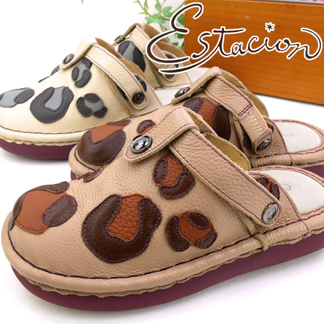 送料無料 レディース FW 秋冬 新作 冬新作 コンフォートサンダル 人気 流行 定番 2023 Estacion 2WAY TGE472B クロッグサンダル サボサンダル ヒョウ柄 レオパード 本革 レザー カジュアルシューズ 靴 アイボリー オーク