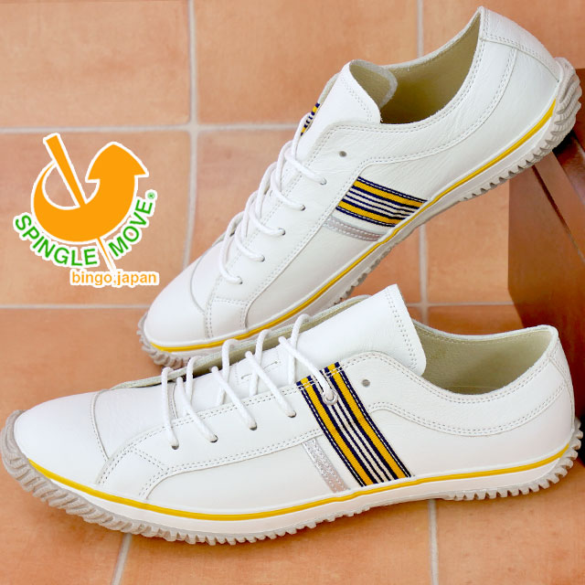 送料無料 メンズ SS 春夏 新作 春新作 夏新作 スニーカー ローカット 人気 流行 定番 2023 SPINGLE MOVE SPM-168 レザースニーカー 革靴 白 ホワイト/イエロー 日本製 本革 カジュアルシューズ 紐靴 メイドインジャパン