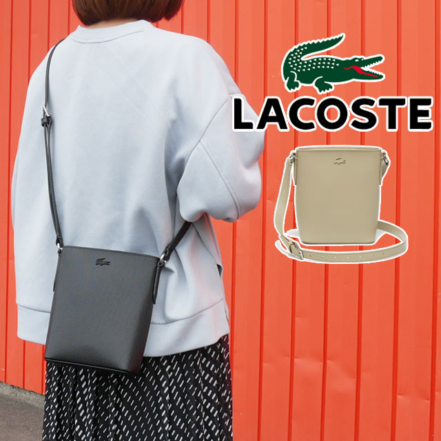 送料無料 ショルダーバッグ ポーチ レディース SS 春夏 新作 春新作 夏新作 人気 流行 定番 2023 LACOSTE NF4233 ラコステ シャンタコ 斜め掛け 肩掛け 鹿の子 エンボス 小さめ ベルト調整 革 シンプル 黒 ベージュ