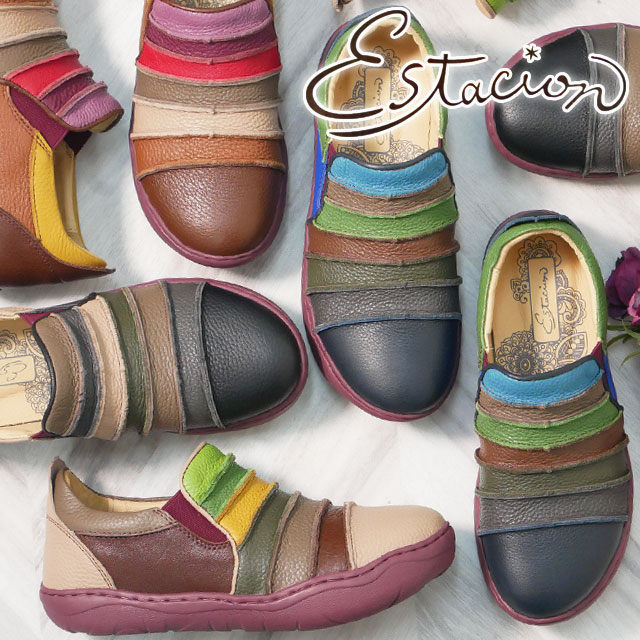 送料無料 スリッポン ローカット レディース FW 秋冬 新作 秋新作 冬新作 人気 流行 定番 2023 Estacion MLH2143 エスタシオン カラフル ボーダー コンフォートシューズ 本革 レザーシューズ カジュアルシューズ 靴