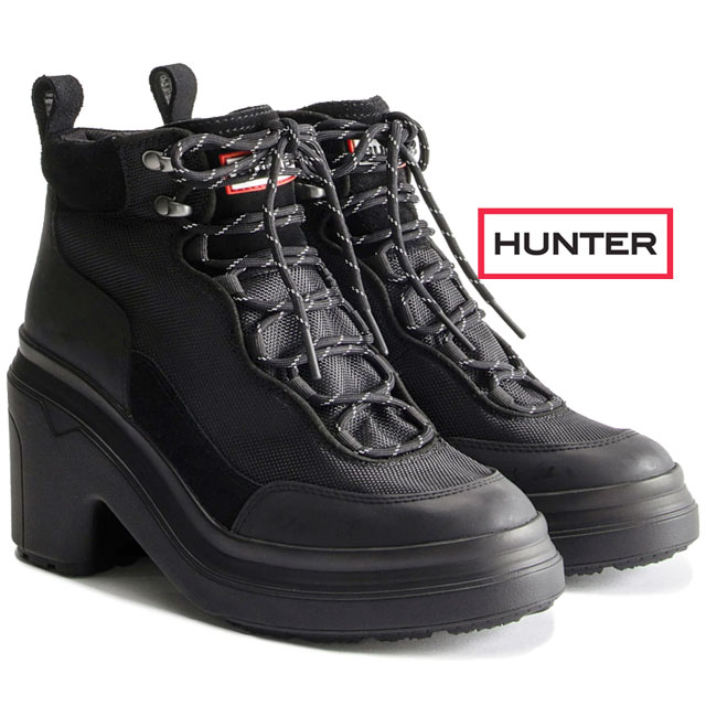 送料無料 ショートブーツ ブーツ レースアップブーツ レディース FW 秋冬 新作 秋新作 冬新作 人気 流行 定番 2023 HUNTER WFP1106LNR NYL ハンター アンクル ヒールブーツ 防水 ハイヒール ショート丈 アンクルブーツ チャンキーヒール ブラック 黒 靴