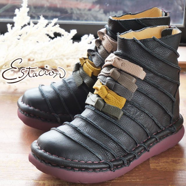 送料無料 ショートブーツ レディース FW 秋冬 新作 秋新作 冬新作 人気 流行 定番 2023 Estacion TG0501  本革 リボンモチーフ ショート丈 アンクルブーツ コンフォートシューズ レザーブーツ カジュアルシューズ ブラック/コンビ 靴