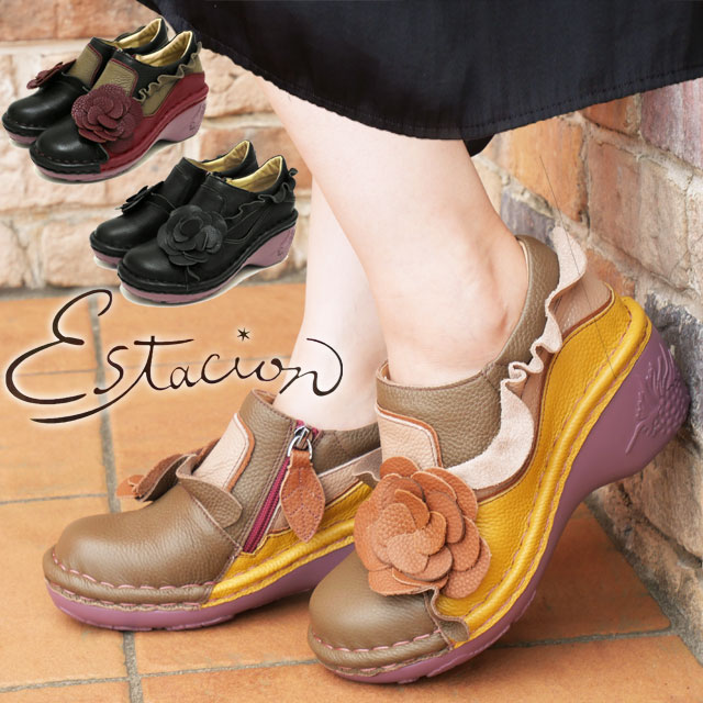 送料無料 スリッポン パンプス レディース FW 秋冬 新作 秋新作 冬新作 人気 流行 定番 2024 NK202 疲れない 厚底 フラワー×フリルモチーフ 痛くない レザーシューズ ミセス 本革 歩きやすい カジュアルシューズ ダークオーク/マルチ ブラック/マルチ ブラック 黒 靴