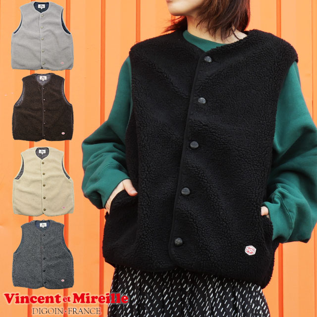 送料無料 ベスト トップス メンズ レディース FW 秋冬 新作 秋新作 冬新作 人気 流行 定番 2025 ヴァンソンエミレイユ Vincent et Mireille VM242BL25040 アウター ノーカラー ボア 防寒 羽織り アパレル 上着 ウェア 袖なし カジュアル アイボリー ブラック 服