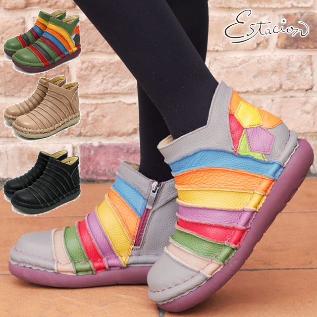 送料無料 ショートブーツ レディース FW 秋冬 新作 秋新作 冬新作 人気 流行 定番 2025 エスタシオン Estacion TG161 疲れない 本革 靴 痛くない レザーブーツ 歩きやすい ローヒール 履きやすい カラフル ボーダー グレー/マルチ グリーン/マルチ ブラック オーク