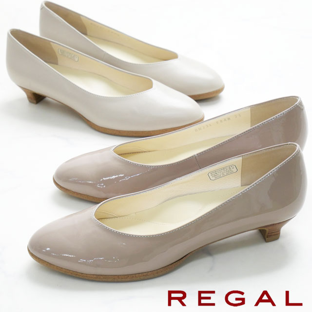 送料無料 プレーンパンプス レディース FW 秋冬 新作 秋新作 冬新作 人気 流行 定番 2025 リーガル REGAL F84M レザーパンプス オフィス カジュアル ローヒール 低めヒール 日本製 本革 オークエナメル ライトグレー 靴