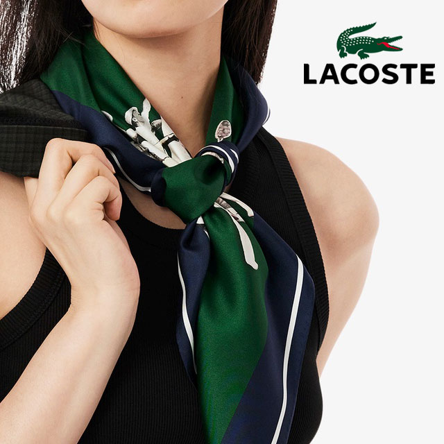 メール便送料無料 スカーフ レディース SS 春夏 新作 夏新作 秋新作 人気 流行 定番 2025 ラコステ LACOSTE RE9804 WN7 ルネ・ラコステシルク アパレル 襟巻 首巻 ハンカチ 絹100％ 正方形 総柄 グリーン 四角形 小物