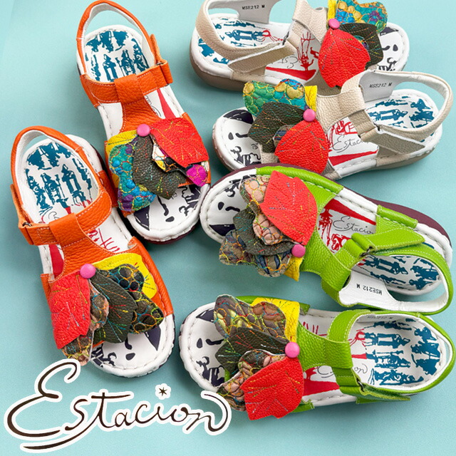 送料無料 サンダル ストラップサンダル レディース SS 春夏 新作 夏新作 秋新作 人気 流行 定番 2025 エスタシオン Estacion MSE212 厚底 痛くない フラワーモチーフ 本革 ベルクロ 歩きやすい レザーサンダル 疲れにくい マジックテープ オレンジ ライトグリーン 靴