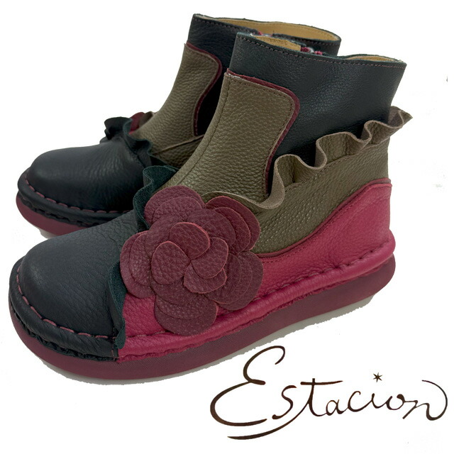 送料無料 ショートブーツ レディース SS 春夏 新作 夏新作 秋新作 人気 流行 定番 2025 エスタシオン Estacion TGX547 立体フリルフラワー アンクルブーツ 本革 歩きやすい コンフォートシューズ 痛くない レザーブーツ 花モチーフ 疲れない ブラック/マルチ 黒 靴