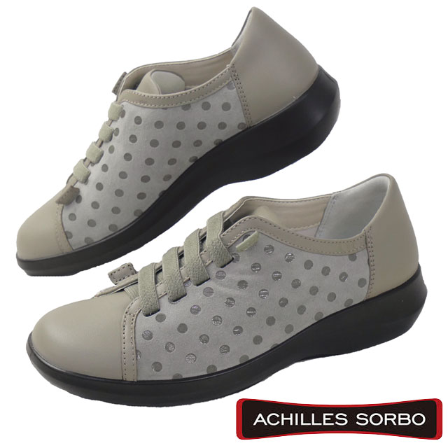 送料無料 ウォーキングシューズ コンフォート スニーカー スリッポン レディース SS 春夏 新作 夏新作 秋新作 人気 流行 定番 2025 アキレス Achilles ASC 5680 ソルボ ゴム紐 歩きやすい 本革 靴 履きやすい 痛くない 水玉柄 ライトグレー/オーク
